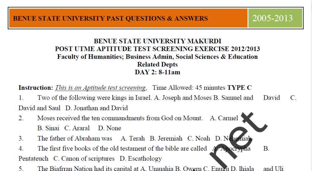 BSU Post UTME Past Questions and Answers Free PDF Download.