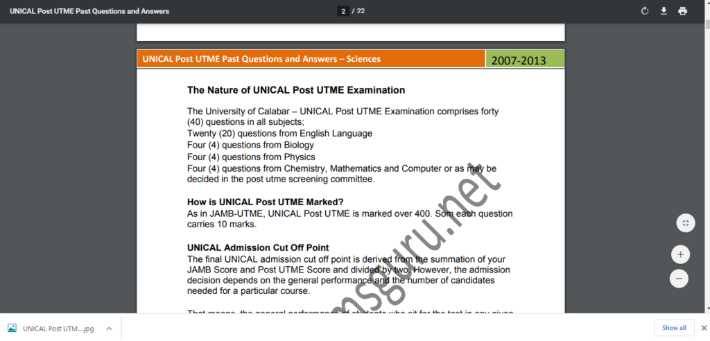 UNICAL Post UTME Past Questions and Answers PDF- How to Download