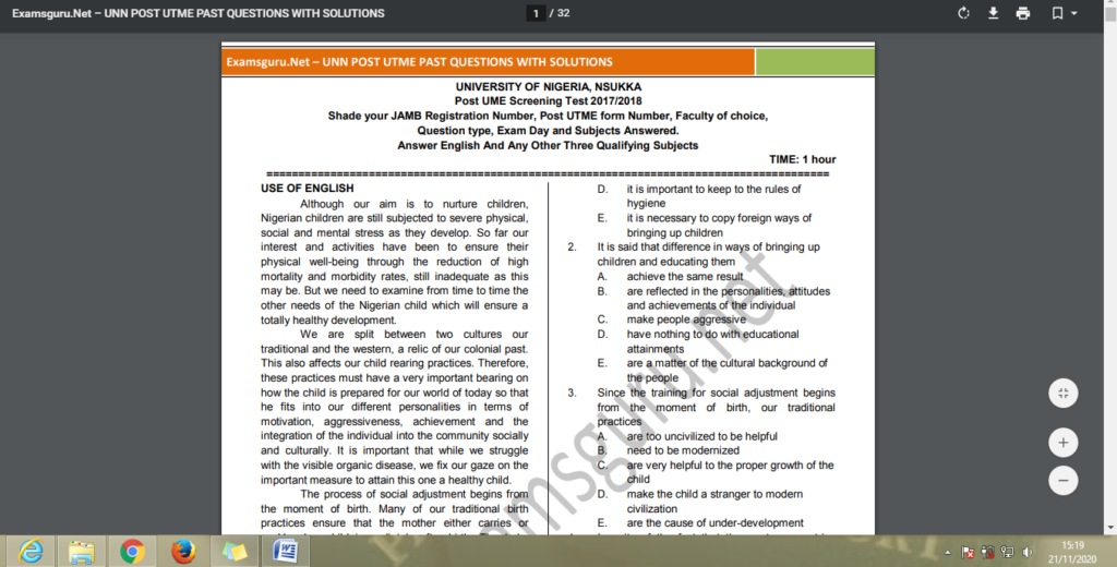 UNN Post UTME Past Questions and Answers PDF- How to Download.